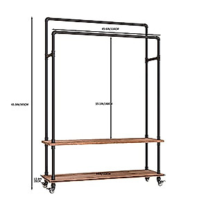 TEDIDUWA Industrial Pipe Clothing Rack,Industrial Clothing Rack with Shelf,Heavy Duty clothes rack on Wheels, Garment Rack Double Hanging Rods,For Bedroom, Lanudry room,Living room, Retail store