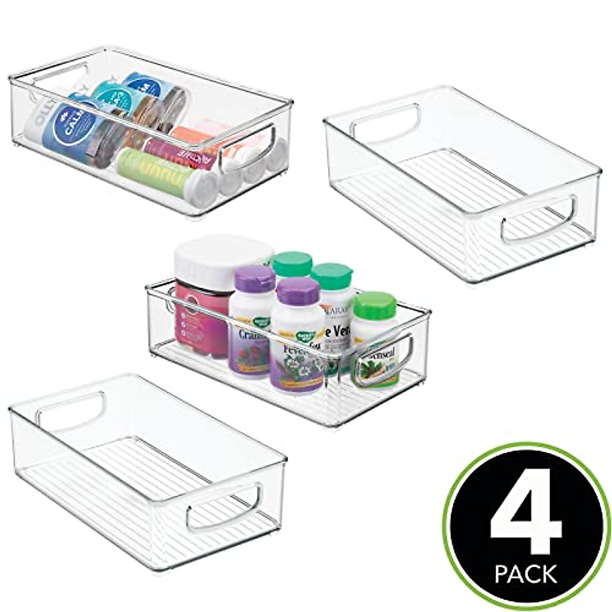 mDesign Small Plastic Bathroom Storage Container Bins with Handles for Organization in Closet, Cabinet, Vanity or Cupboard Shelf, Accessory Organizer - Ligne Collection - 4 Pack, Clear