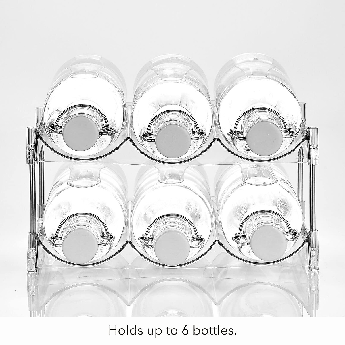 Nate Home by Nate Berkus 6-Bottle Water and Wine Bottle Organizer | Free Standing Plastic Holder for Fridge, Kitchen, Cabinet, Pantry Storage from mDesign - Clear/Polished Stainless Steel