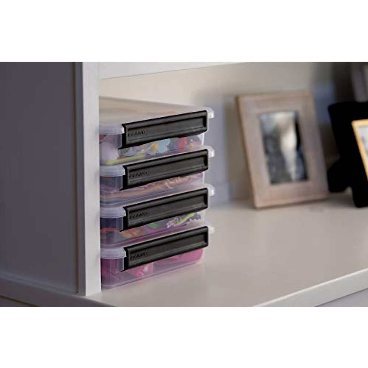 Plano PLA131401 4 Pack Cubby Cube Clear Storage| Stackable Clear Storage Bins with Secure Black Latch, Clear with Black Latch