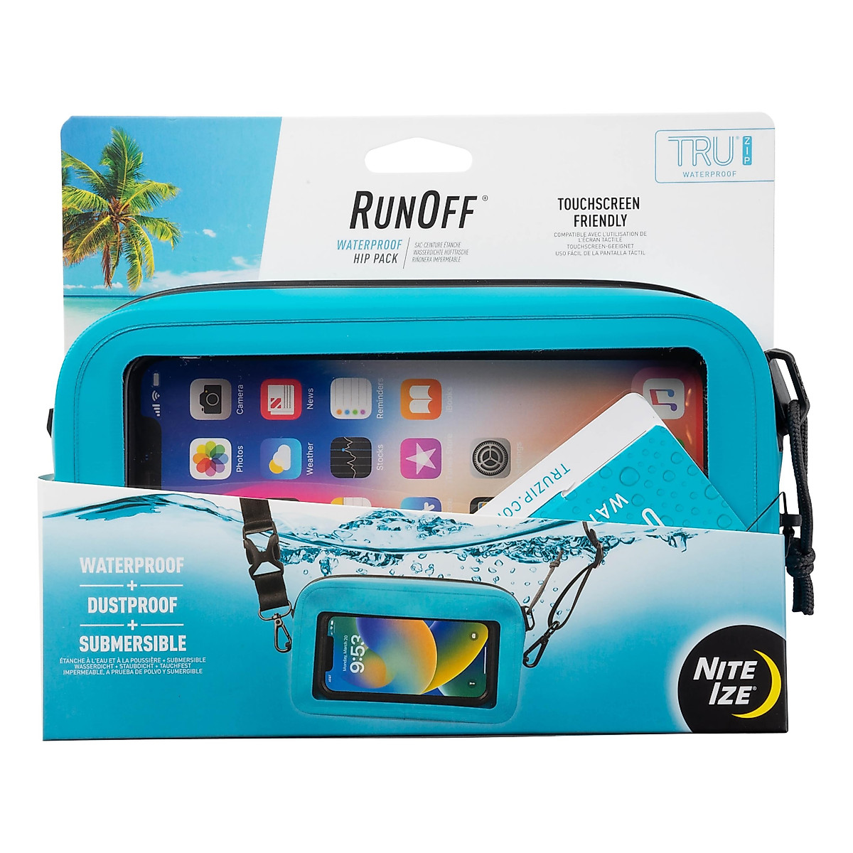 Nite Ize RunOff Waterproof Hip Pack - Beach & Hiking Essential - Bag for Phone & Travel Essentials - Crossbody Beach Tote & Travel Pouch with IP67 Rating - Blue