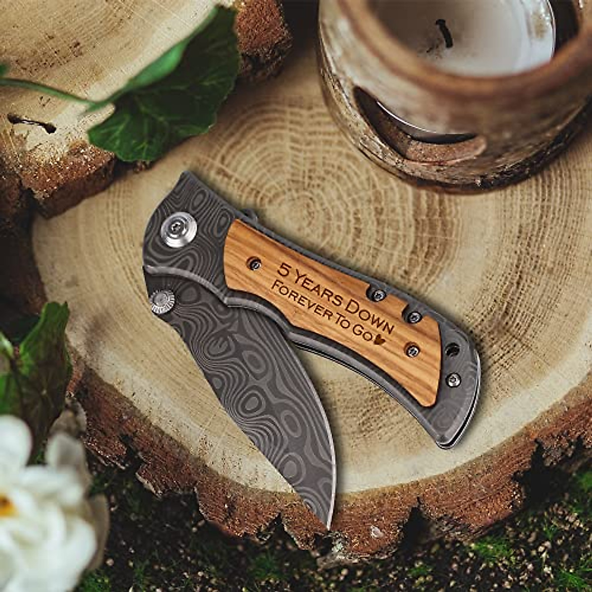 Moblade Engraved Pocket Knife for Husband, 5 Years Anniversary Present, 5 Years of Marriage, Gift for him 5th Anniversary, Husband Gift, 5 Years Down, Forever to Go