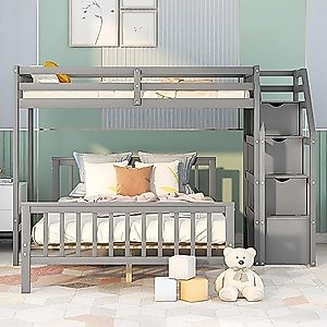 Harper & Bright Designs Twin Over Full Bunk Beds with Storage Stairs, Wooden Stairway Bunk Beds with Removable Bottom Bed and Guardrails for Kids Girls Boys,No Box Spring Needed (Grey)