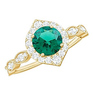 Lab Grown Emerald Diamond Engagement Ring, AAAA Quality, Certified 6 MM Round Emerald Halo Ring (With Jewelry Box), 14K Yellow Gold, Size:US 7.00