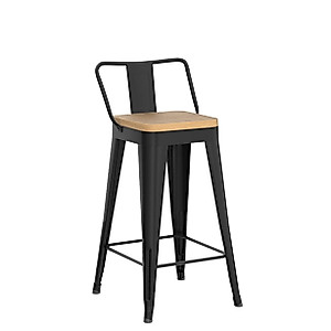 WENTMENT Metal Bar Stools Set of 4 Counter Height Bar Stools Barstools with Removable Back 24" Kitchen Bar Stools with Wooden Seat, Black