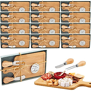 Ziliny 12 Set Bridal Shower Party Favors Wooden Square Cheese Board Gift Set Knives Forks Thank You Tags with Box for Guests for Valentine's Day Bridal Baby Shower Housewarming Gifts (Bamboo Color)