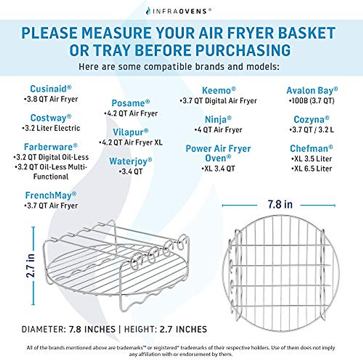Air Fryer Rack Accessory Compatible with Costzon, Ninja, Power Airfryer Oven, Costway, Chulux, Farberware, Avalon Bay, Waterjoy, Cozyna, Keemo + More | Kebab Skewers + Cooking Times Cheat Sheet