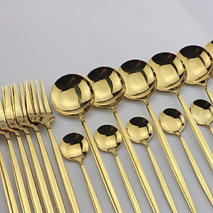 JANKNG 24-Piece Flatware Set, 18/0 Stainless Steel Knife Fork Spoon Teaspoon Silverware Set, Service for 6, MIrror Gold