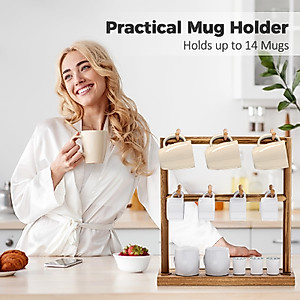 Puricon Mug Holder Coffee Cup Shelf for Counter, 2 Tier Wood Mug Tree Stand Organizer with 14 Sturdy Hooks and Storage Base, Double Sides Tea Cups Display Rack for Large and Small Mugs -Oak