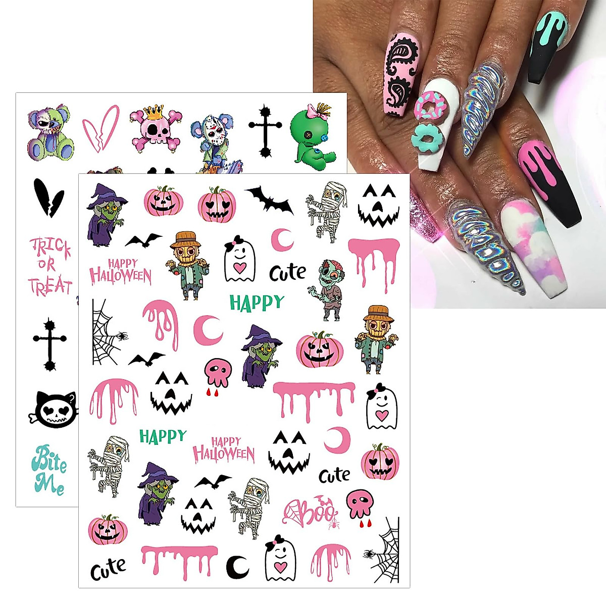 JMEOWIO 9 Sheets Pink Halloween Nail Art Stickers Decals Self-Adhesive Pegatinas Uñas Cute Skull Ghost Witchy Spider Web Bat Candy Pumpkin Nail Supplies Nail Art Design Decoration Accessories
