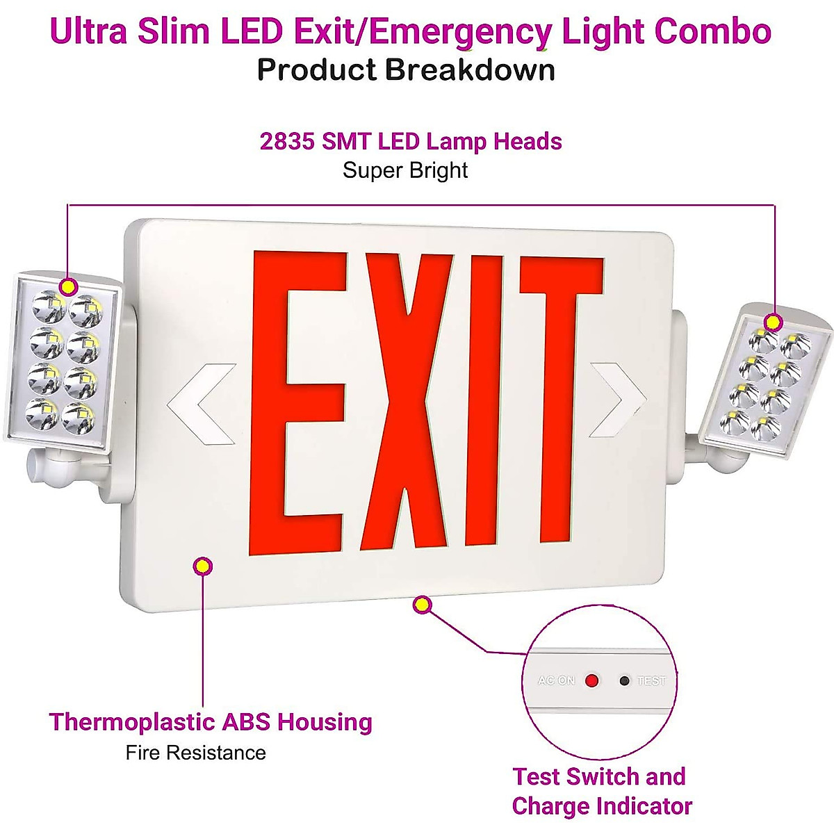 8 Pack Double Sided LED Emergency EXIT Sign Combo, Two LED Lights, Backup Battery, US Standard Red Letter Emergency Exit Lighting, Commercial Grade, 120-277V, Fire Resistant (UL 94V-0)