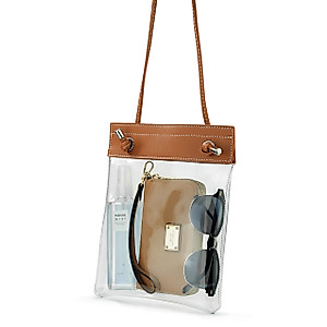 Clear Flat Cross Body Bag Women Single Shoulder Bag for Stadium Approved (Brown)