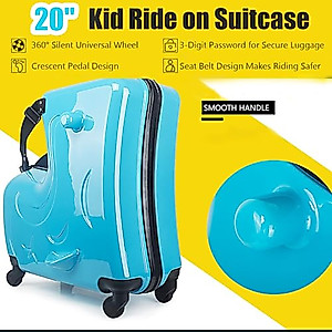 RUTILY Ride On Suitcase for Kids 20" Fashionable Unisex Kid Rolling Carry On Luggage with 4 Universal Wheels and Password Lock Recommended Age 2-8 Years Old Load Bearing 110LB (Blue)