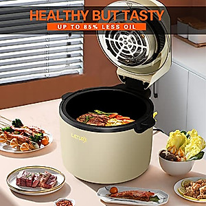 LATURE 3.8 QT Air Fryer Timer & Temperature Controls, with Glass Lid, Dishwasher Safe and Non-stick Basket, 1100W, Oil-Less Healthy Cooker MET Certified with Recipes (Black-Glass Lid)