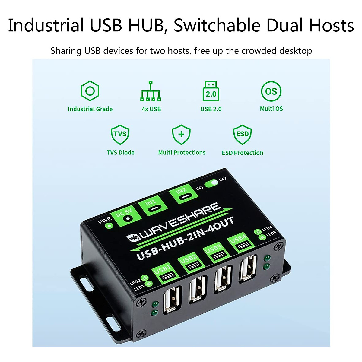 Industrial Grade USB HUB with 4X USB 2.0 Ports, Switchable Dual Hosts, Support Multi System Multi Protections ESD Protection TVS Diode Compatible with Linux, Windows 11/10 / 8.1/8 / 7 / XP