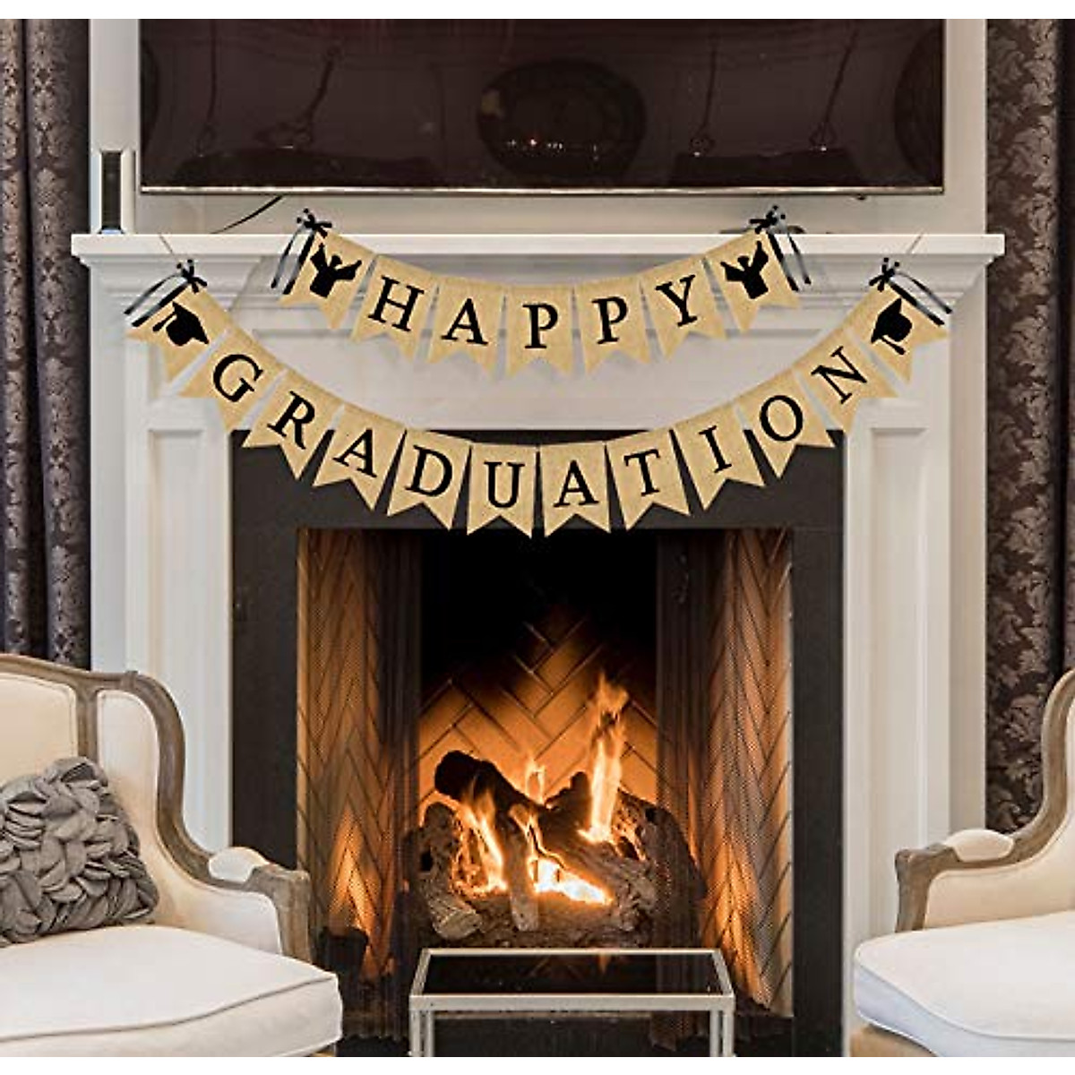 JOZON Happy Graduation Burlap Banner Jute Graduation Bunting Banner Garland 2021 Graduation Decorations Grad Party Decor for College, Senior, High School Party Supplies