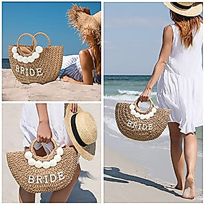 Pinkunn Bride Beach Bag Handwoven Straw Rhinestone Pearl Letters Handle Purse Bachelorette Wedding Honeymoon Essentials (BRIDE, Pearl Letter)