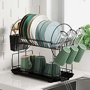 GSlife Small Dish Drying Rack - 2-Tier Dish Rack with Drainboard, Utensils Holder, Glass Holder for Kitchen Counter, Tiered Dish Drainer for Small Space, Black