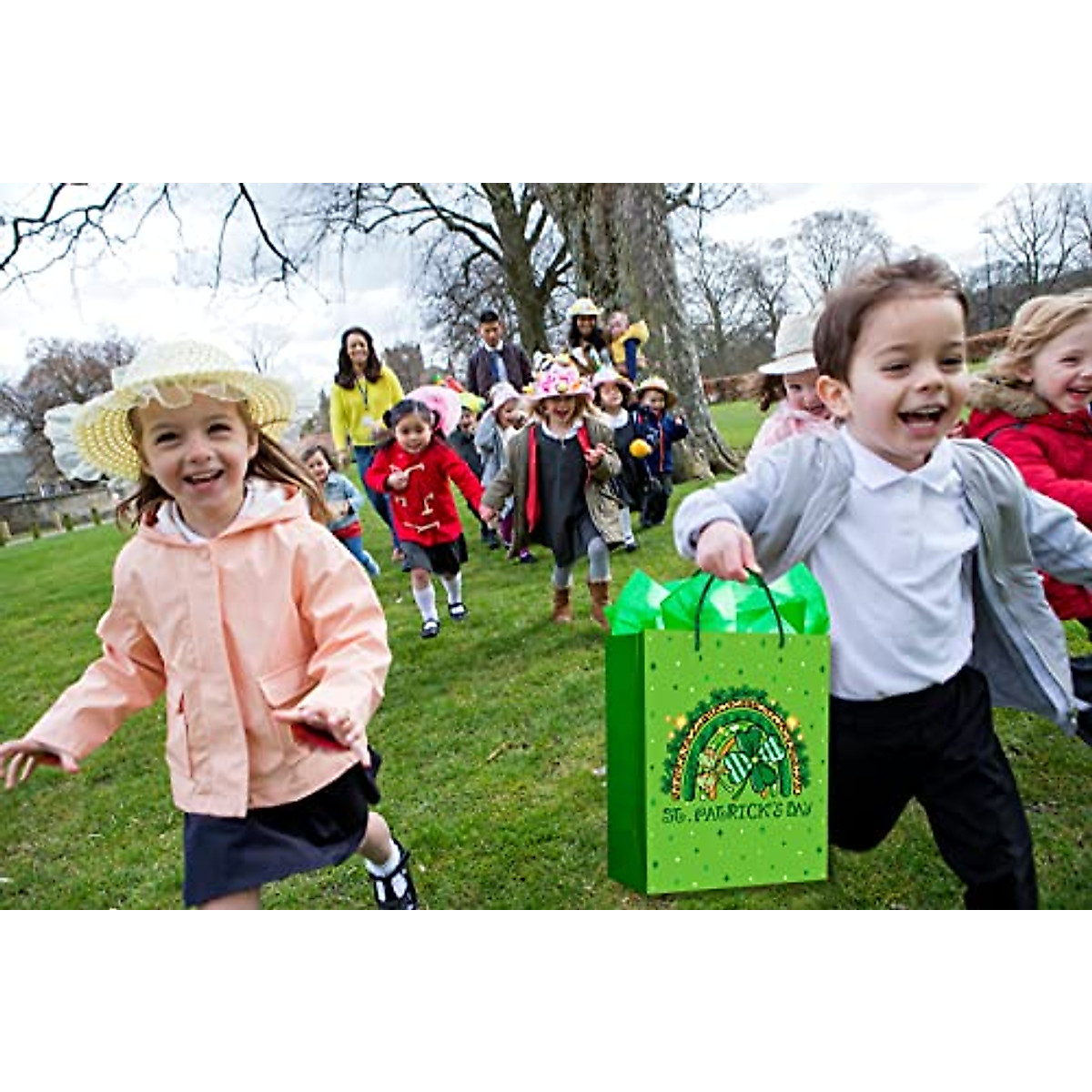 WaaHome St. Patricks Day Gift Bag with Handle 11.5''x9''x5'' Green Shamrock Clover Gift Bags with Tissue Paper, Happy St. Patrick's Day Wrapping Paper Gift Bag for Kids Family Friends
