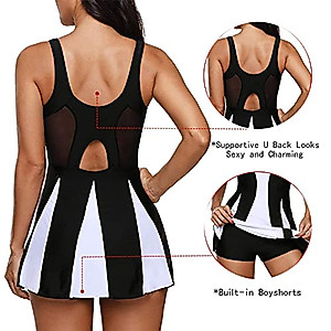 American Trends Bathing Suit for Women Tummy Control Swim Dress One Piece Swimsuits Mesh Swimming Suit Skirt Swimwear Black White 14-16