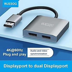 WJESOG Displayport to Dual Displayport Splitter Dual 4K@60Hz Resolution,DP to 2 Displayport Hub Multi Stream Transport Support 4K Resolution for Windows and Mac System