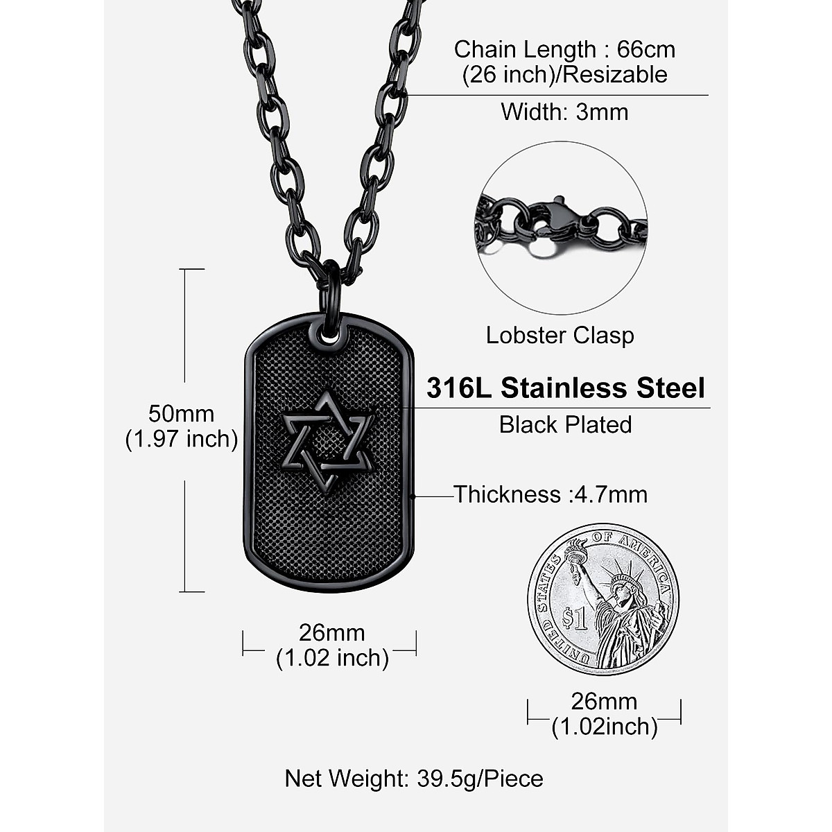 Richsteel Star of David Dog Tag Pendant for Women Mens Jewish Jewelry Chain Israel Flag Gifts Necklace