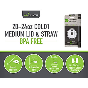 REDUCE brand Cold1 Tumblers or Mugs 20-24oz mouth Replacement Lid (3.5 inch diameter) and Straw (10.6 inch) set, Clear, BPA Free, Dishwasher safe, Durable, Reusable, Spill Proof Lid, Medium