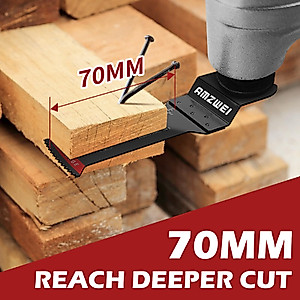 AMZWEI 6 Pcs Extra Long Oscillating Tool Blades, Bi-Metal Curved Edge Multitool Blades for Wood with Nails, Metal, Wood, Plastic, Oscillating Saw Blades Fit Dewalt Milwaukee Bosch Worx Ryobi(70MM)