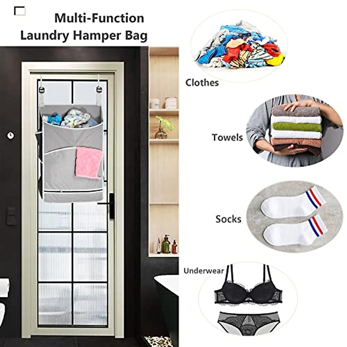 Hanging Laundry Hamper Bag Large Opening Large Capacity Expandable Multi-Pocket Over The Door Laundry Hamper Equipped With A Freely Adjustable Height Hook Hanging Laundry Bag For Clothes Storage