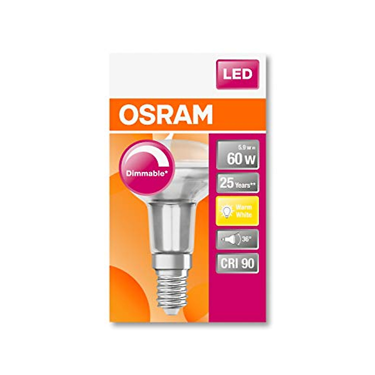 OSRAM LED Reflector lamp / Base: E14 / Warm White / 2700 K / 5.90 W / Replacement for 60 W Reflector lamp / LED Superstar R50 [Energy Efficiency Class A] / Pack of 10