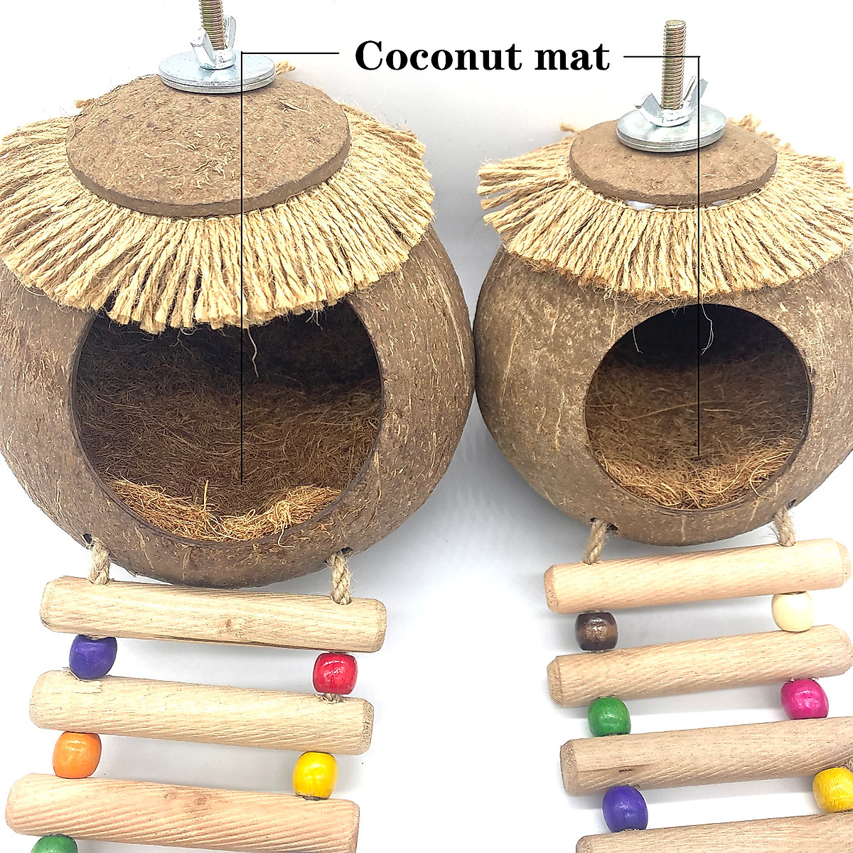 kuminamoja Coconut Bird's Nest with Ladder for Parrots Parakeet Conures Cockatiel and Small Animals (Large)