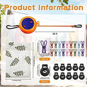 Windyun Portable Travel Clothesline Cord Adjustable 26ft Camping Clothes Line Laundry Drying Rope with 24 Colorful Windproof Clothespins 24 Stoppers 1 Storage Bag for Hotel Trip Cruise Outdoor Indoor