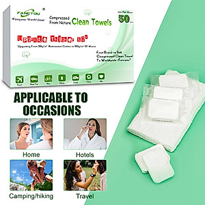 Fancyou Large Compressed Towels, Individually Wrapped Disposable Face Towel,Thicken Magic Mini Towel Portable Cotton Coin Tissue for Travel,Camping,Hiking,Sport,Home,Outdoor Activities(50 Count)