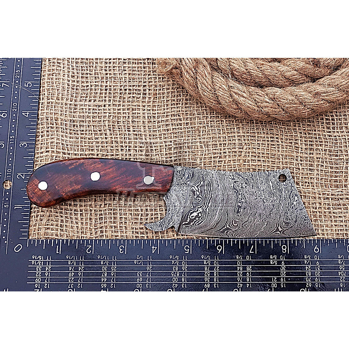 HUNTEX Handmade Hand-Forged Twist Pattern Damascus Steel 9 Inch Long Full Tang Walnut Wood Handle Razor Sharp Hunting Camping Cleaver Knife w/Genuine Leather Sheath