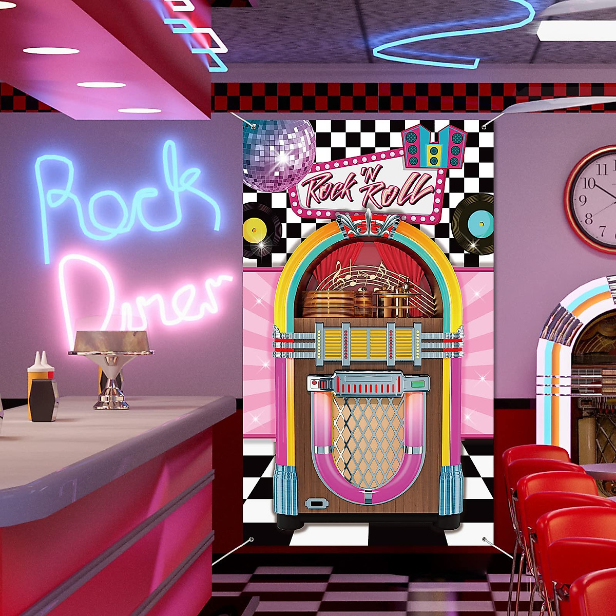 Nuenen 50's Sock Hop Party Decorations Banner Jukebox Party Decor Backdrop Cloth Juke Box Cutout Rock 'n Roll Door Cover for 1950's Theme Birthday Party Supplies, 71 x 35.4