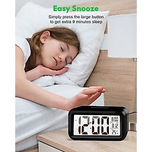 KAIJIELY Upgraded Digital Alarm Clock, 4.3" LED Display with Temperature Larger Lound Light Control Portable Snooze Calendar Brightness with Battery Powered Alarm Clocks Bedside for Everyone (Black)