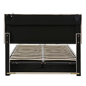 MiHunnor Queen Size Upholstered Platform Bed w/LED Light & Integrated Bluetooth Audio System. Velvet Upholstered Platform Bed w/Hydraulic Storage System & USB Port for Bedroom