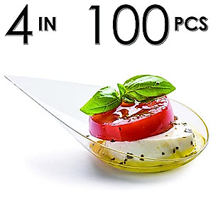 DLux 100 4-in Tear Drop Mini Appetizer Plates, Reusable Clear Plastic Spoons - Desserts and Appetizers Dishes Serving Plate - Asian Spoon Set, Small Catering Dessert Tasting Cups - with Recipe Ebook