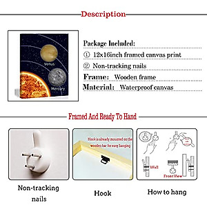 KAIRNE Kids Space Room Decor Framed Outer Space Wall Art Set Of 3 (12X16inch) Kids Picture Planets Pictures Solar System Educational Teaching Poster for Boys Room Nursery Kids Playroom Decor