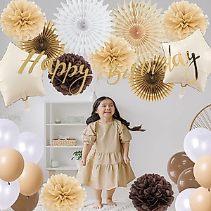 Brown Birthday Party Decorations Tan Brown Paper Fans Paper Pom Poms Happy Birthday Banner Brown Blush Neutral Balloons for Rustic Woodland Teddy Bear Boho Birthday Party Supplies