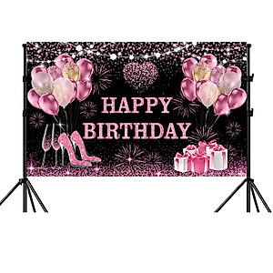 YinQin 180x120 cm Pink Gold Happy Birthday Backdrops Cloth 71x47 in. Birthday Photography Backgrounds Glitter Black Rose Gold Birthday Banners Rose Gold Happy Birthday Sign Decoration for Women Girl