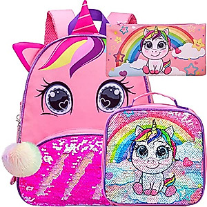 UFNDC Toddler Backpack for Girls, 3pcs Unicorn Sequin Preschool Bookbag with Lunch Box,Cute Kindergarten School Bag