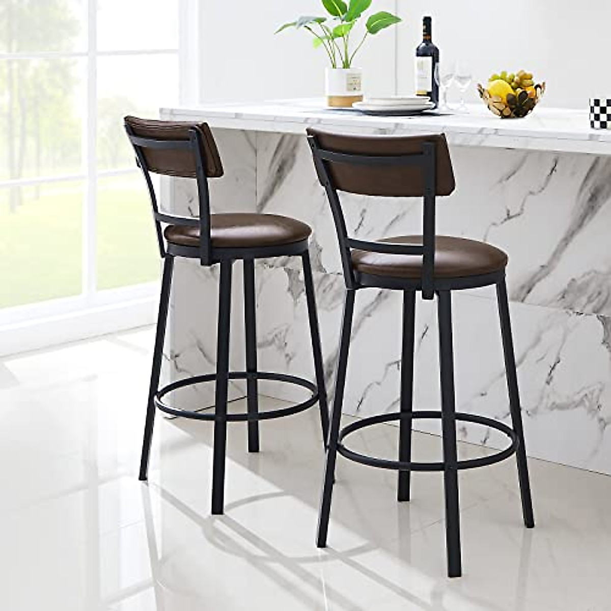 MNEETRUNG Bar Stools Set of 2，Counter Height Bar Stools with PU Leather，28 Inches Modern Barstools with Back and Footrest for Dining Room Kitchen Counter Bar,Brown