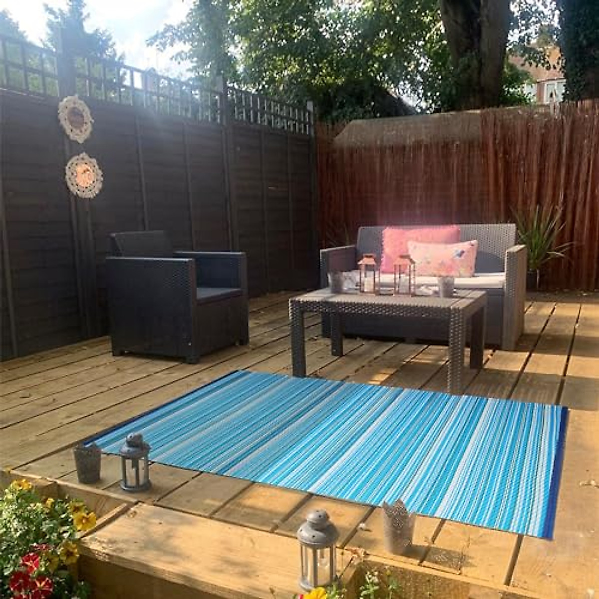 Wefavor Outdoor/Indoor Rug Plastic Straw Rug Waterproof Portable Outdoor Mat, Easy to Clean and Fold, Perfect for Garden, Patio, Picnic, Decking-（Blue，5x7Ft）