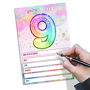 MUZRUYOU 9th Birthday party Invitation Cards, Rainbow Holographic invite with Envelopes（20 set
