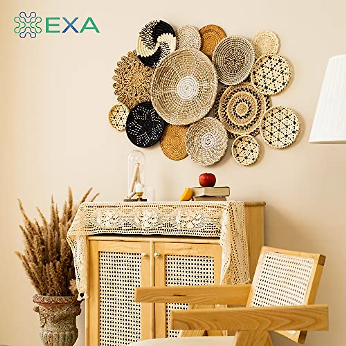 EXA Set of 15 Hanging Woven Wall Basket Decor Summer Bloom Round Decorative Large Wall Decor - Handmade Seagrass Baskets - Rattan Wall Art, Flat Wicker Woven Basket Wall Decors for Boho Farmhouse