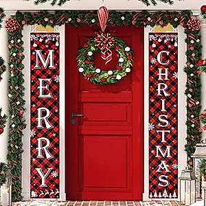 Merry Christmas Banner for Home, Christmas Porch Sign Outdoor Indoor Decorations, Red Buffalo Plaid Xmas Porch Banner for Living Room Kitchen Wall Party Farmhouse Christmas Decor