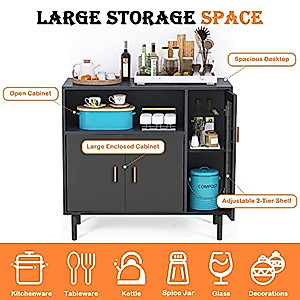 LAZZO Storage Cabinet Credenza Sideboard Buffet Cabinet with Glass Doors Free Standing Entry Coffee Bar Cabinet for Living Room, Hallway, Kitchen and Dining Room Grey