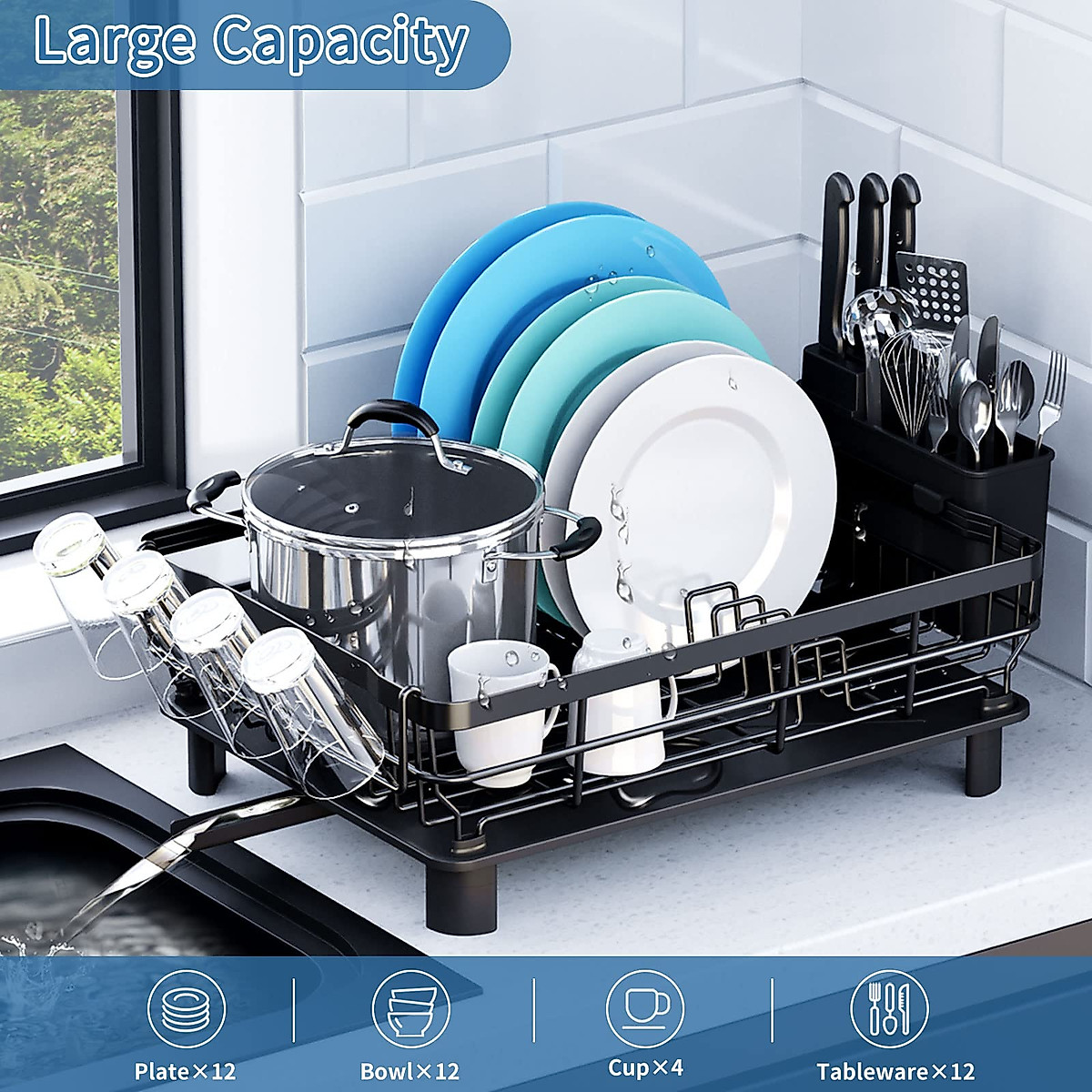 TYigao Dish Drying Rack, Dish Rack with Drainboard, Dish Racks for Kitchen Counter, Dish Drainer with Removable Utensil Holder,Space Saving Durable Stainless Steel Kitchen Drying Rack(Black)