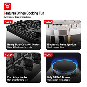 Gas Cooktop 30 Inch Black, GASLAND Chef PRO GH2304ES 4 Italy Sabaf Sealed Burner Gas Stovetop, 3.9 ft Cord Plug, Heavy Duty Cast Iron Grates with Metal Knobs, 28,300 BTU NG/LPG Convertible